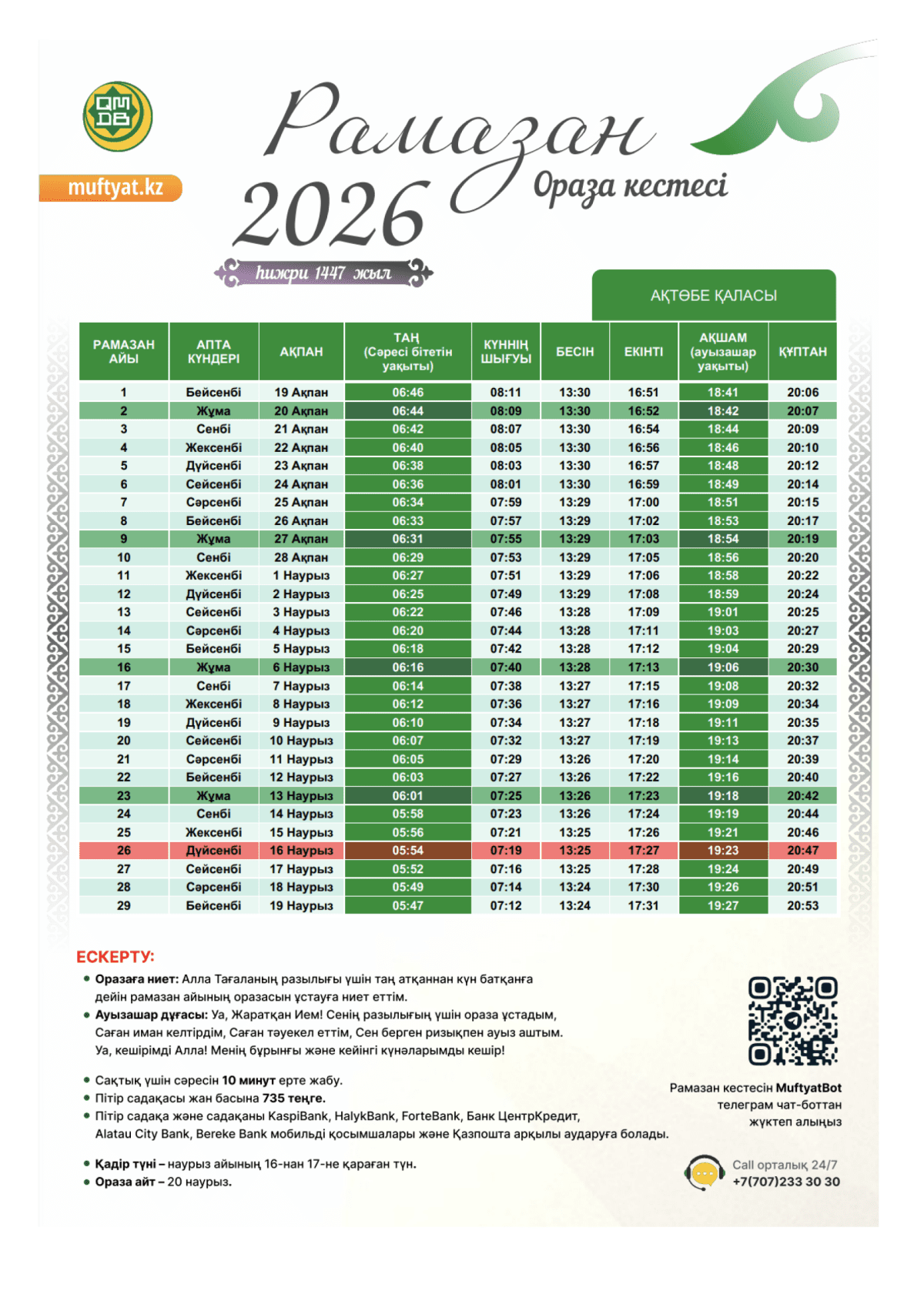 Ораза-2026 в Казахстане: расписание по городам
